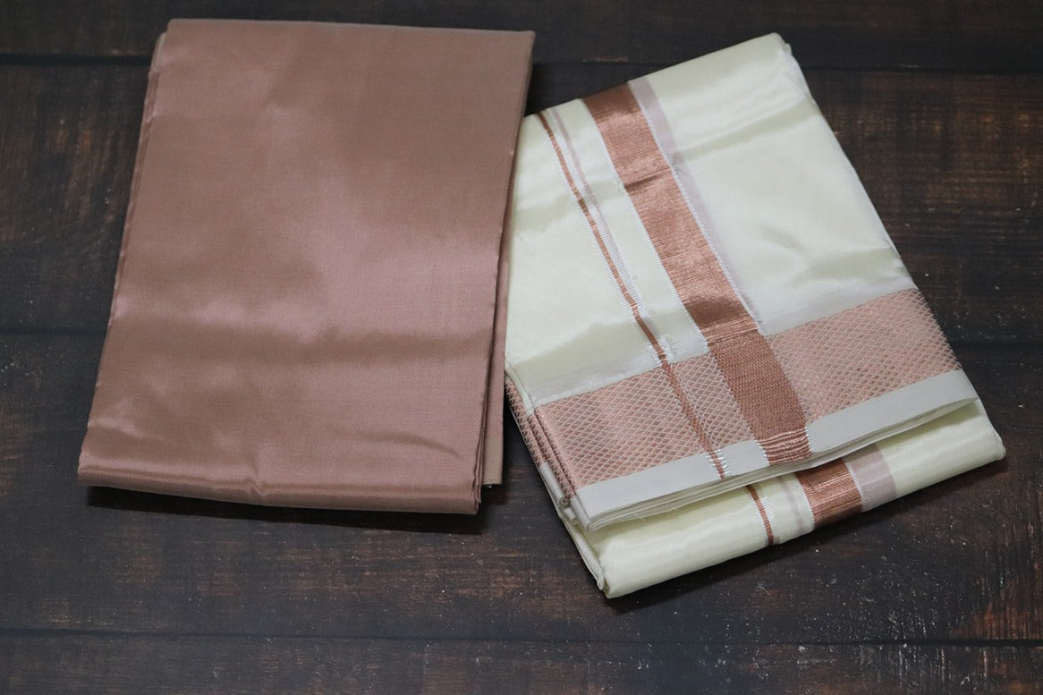 Artsilk Copper fabric with White Dhoti Copper Border (Combo Set ...
