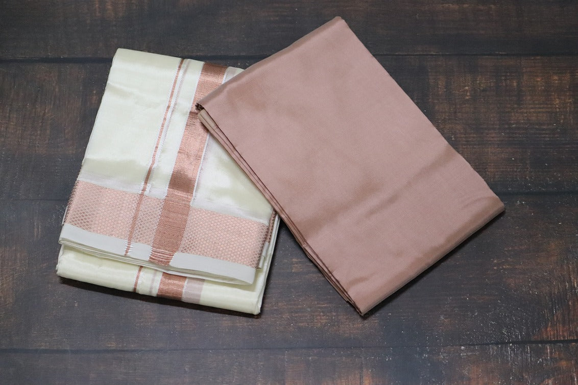 Artsilk Copper fabric with White Dhoti Copper Border (Combo Set ...