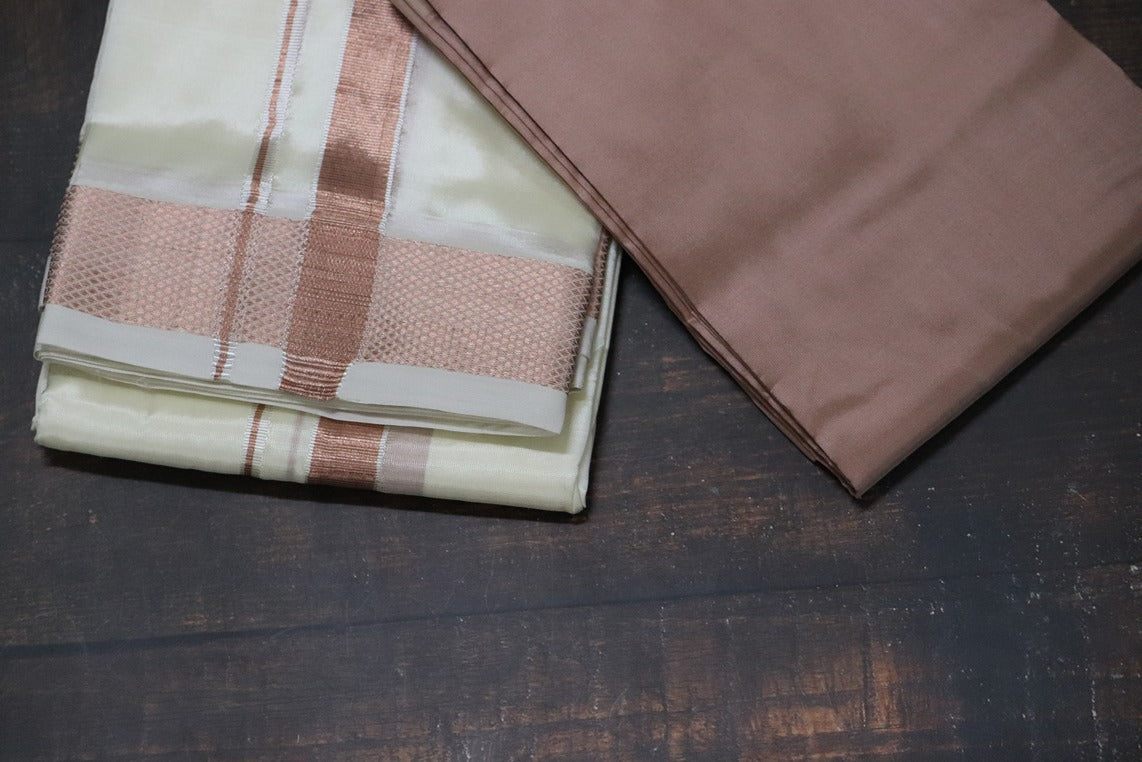 Artsilk Copper fabric with White Dhoti Copper Border (Combo Set ...