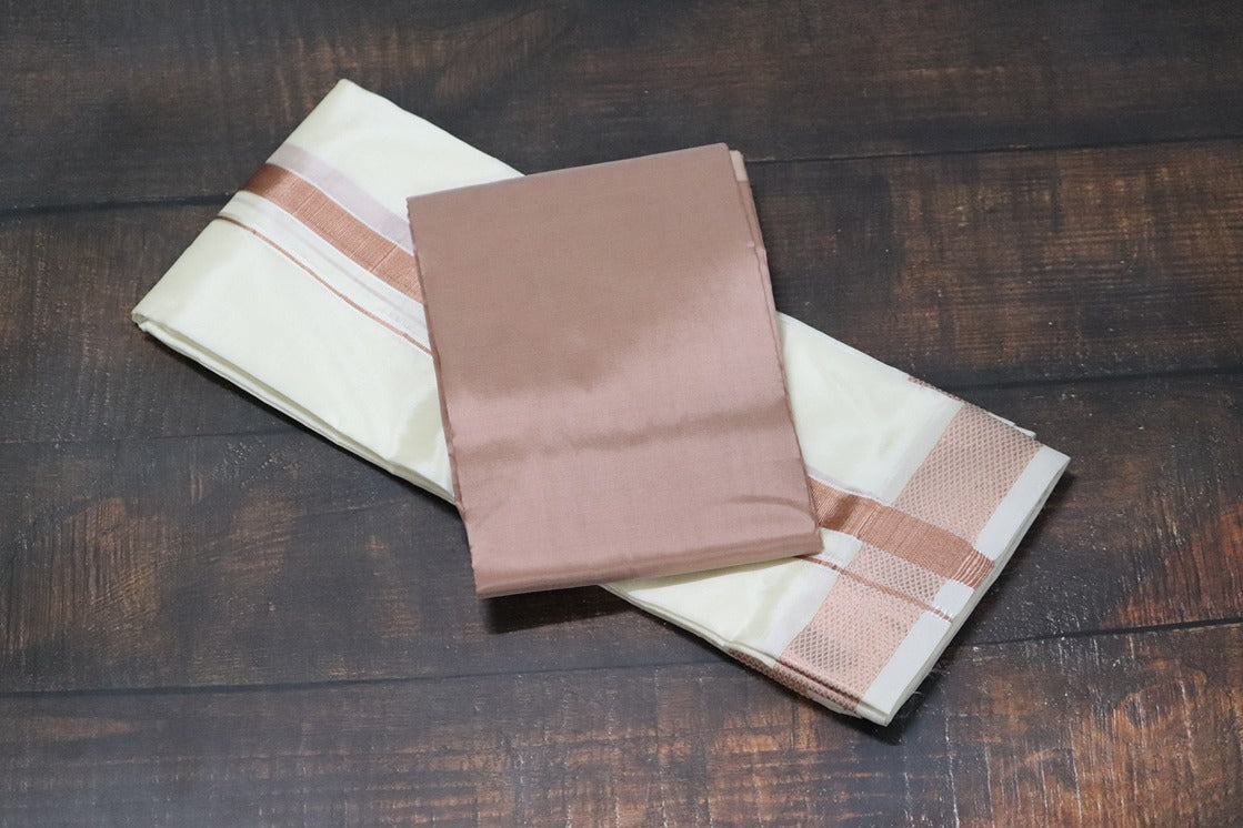 Artsilk Copper fabric with White Dhoti Copper Border (Combo Set ...