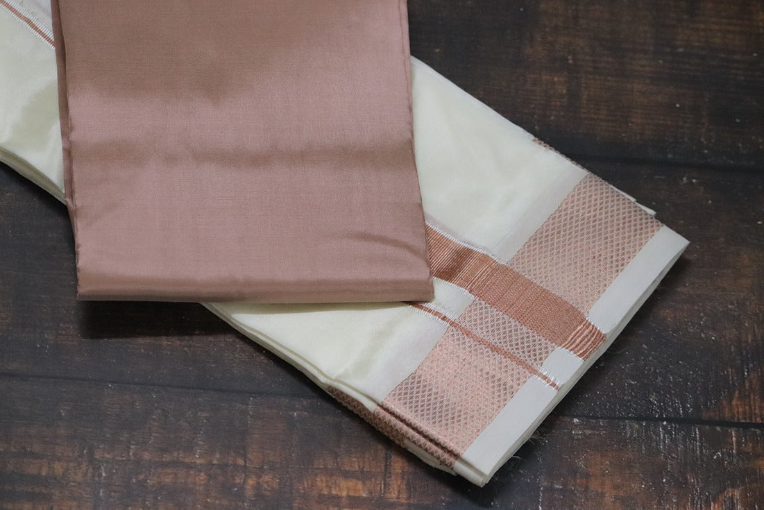 Artsilk Copper fabric with White Dhoti Copper Border (Combo Set ...