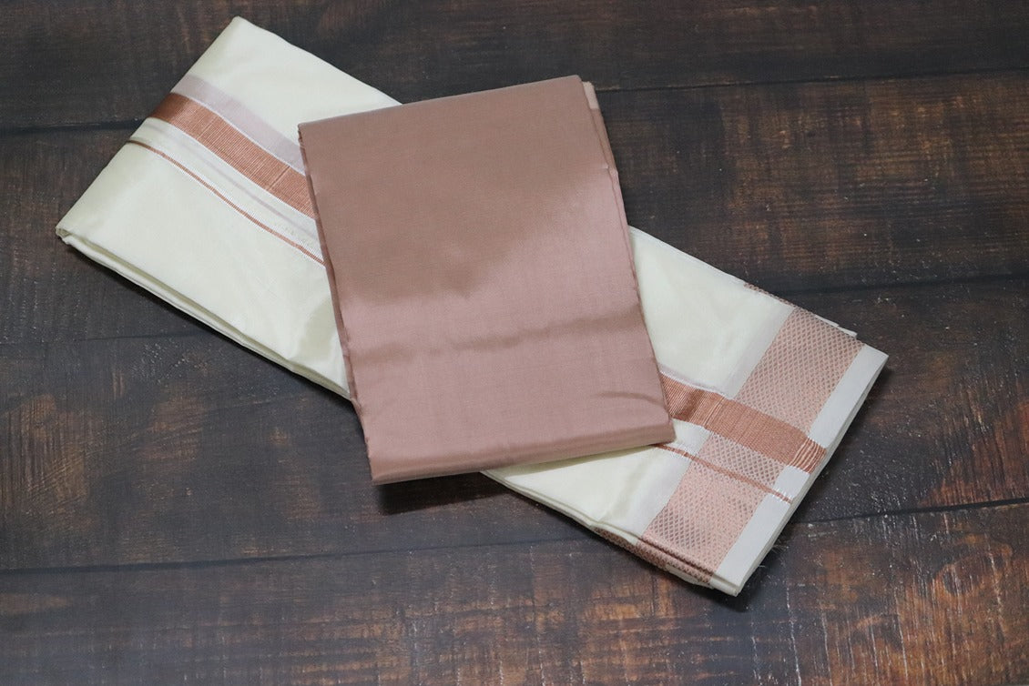 Artsilk Copper fabric with White Dhoti Copper Border (Combo Set ...
