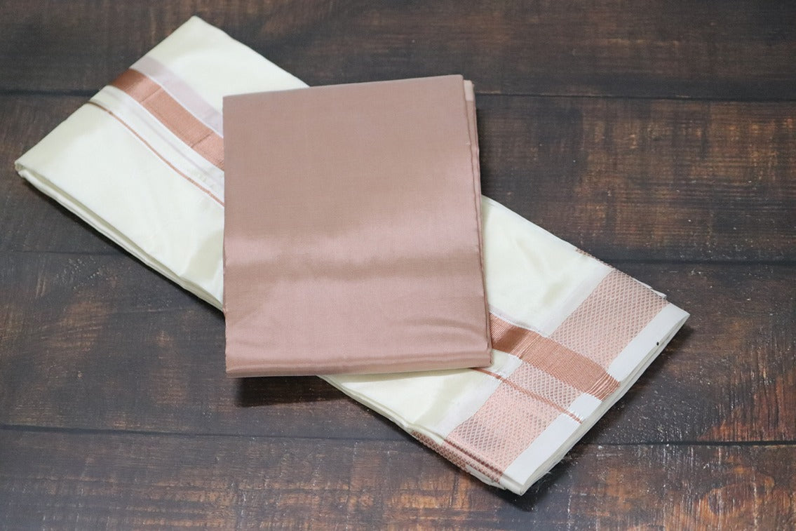 Artsilk Copper fabric with White Dhoti Copper Border (Combo Set ...